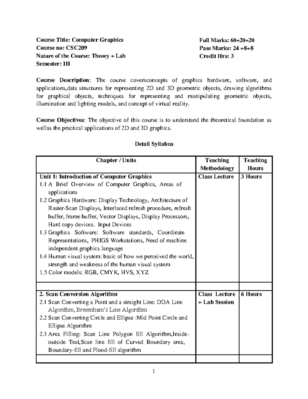 Computer Graphics Syllabyus - Course Title: Computer Graphics Course no ...