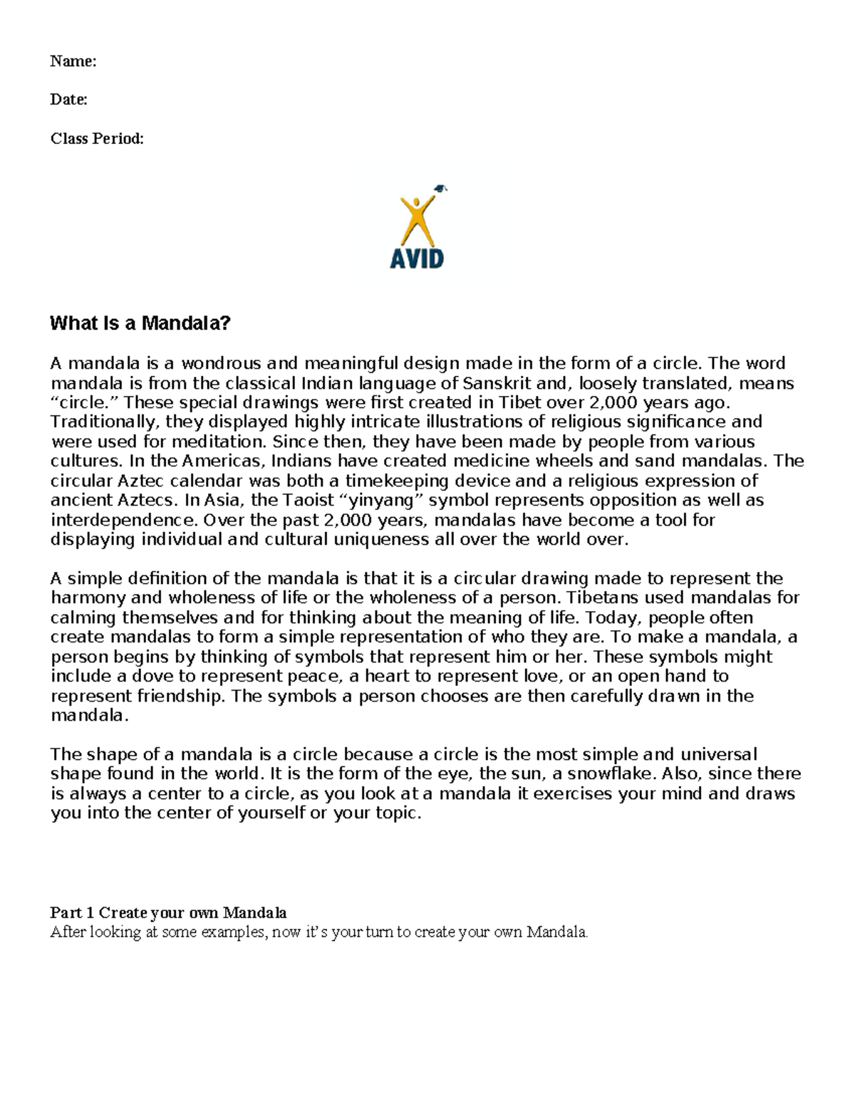 AVID Mandala Project: Creating Your Autobiographical Essay - Studocu