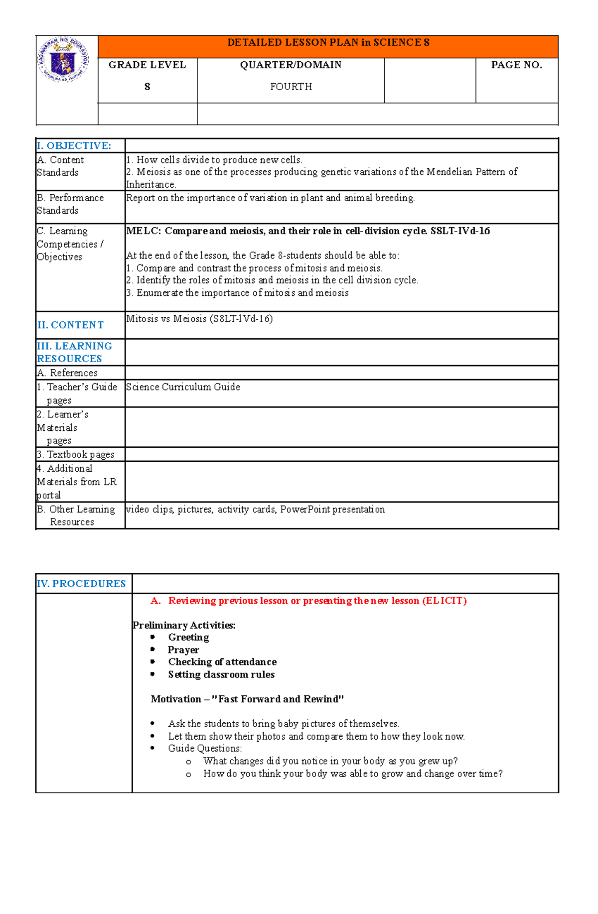 science and biology - DETAILED LESSON PLAN in SCIENCE 8 GRADE LEVEL 8 ...