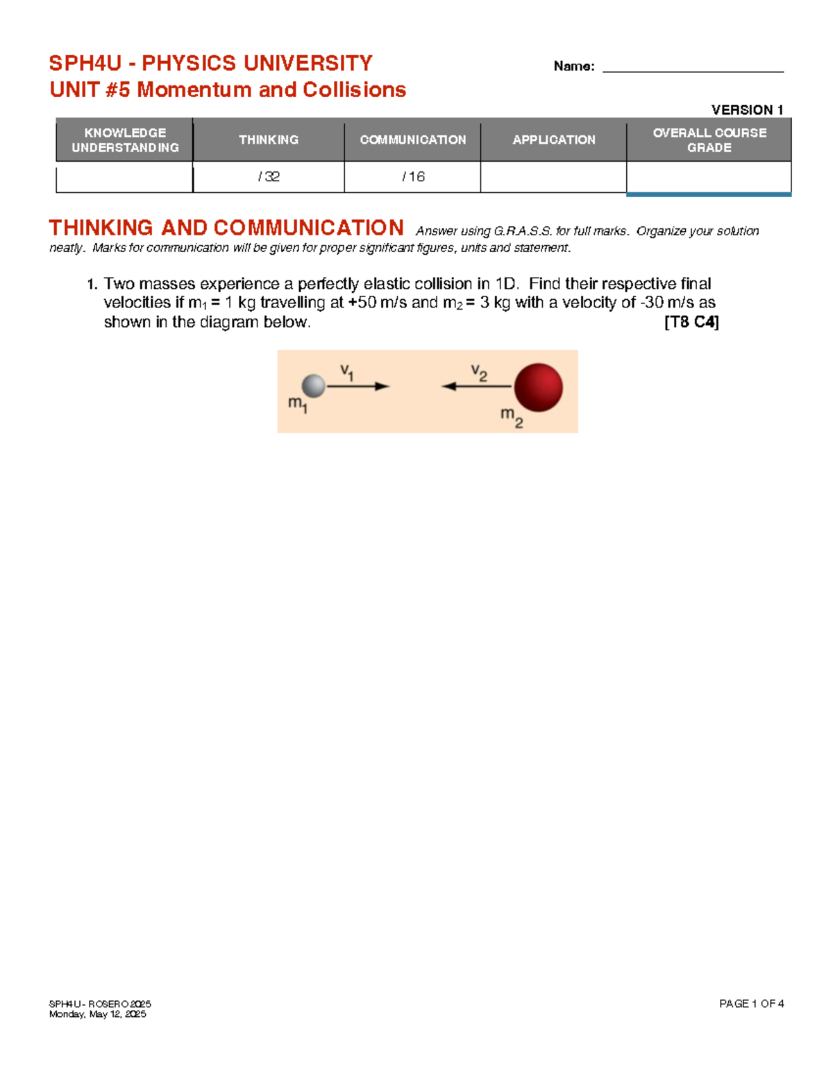 SPH4U U5 Momentum & Collisions Test Version 1 - Studocu