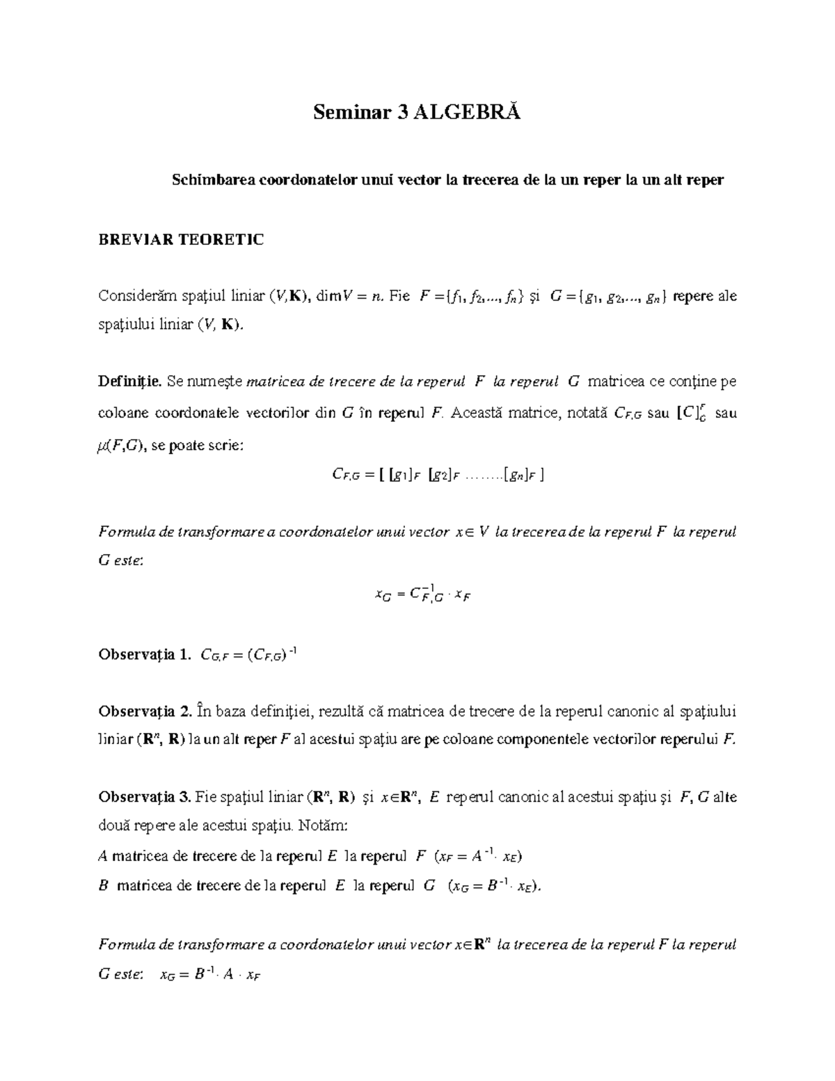 Algebra Seminar 03 - Matricea de trecere - ####### Seminar 3 ALGEBRĂ ...