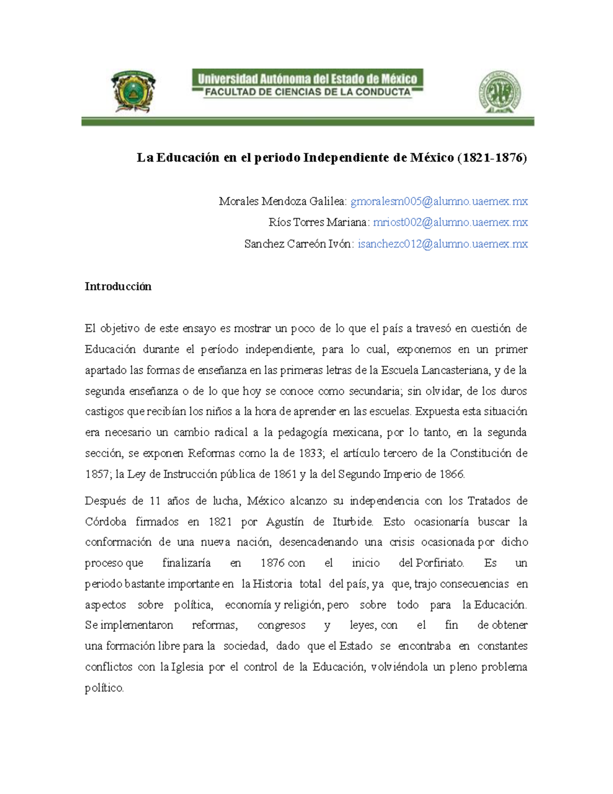 Ensayo de Historia - La Educación en el periodo Independiente de México (1821-1876) Morales ...