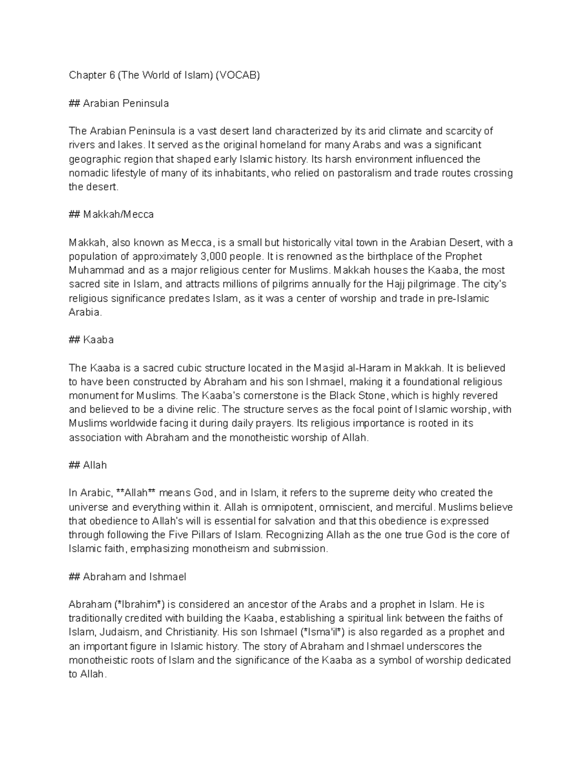 Chapter 6 (The World of Islam) Vocabulary Overview - Studocu