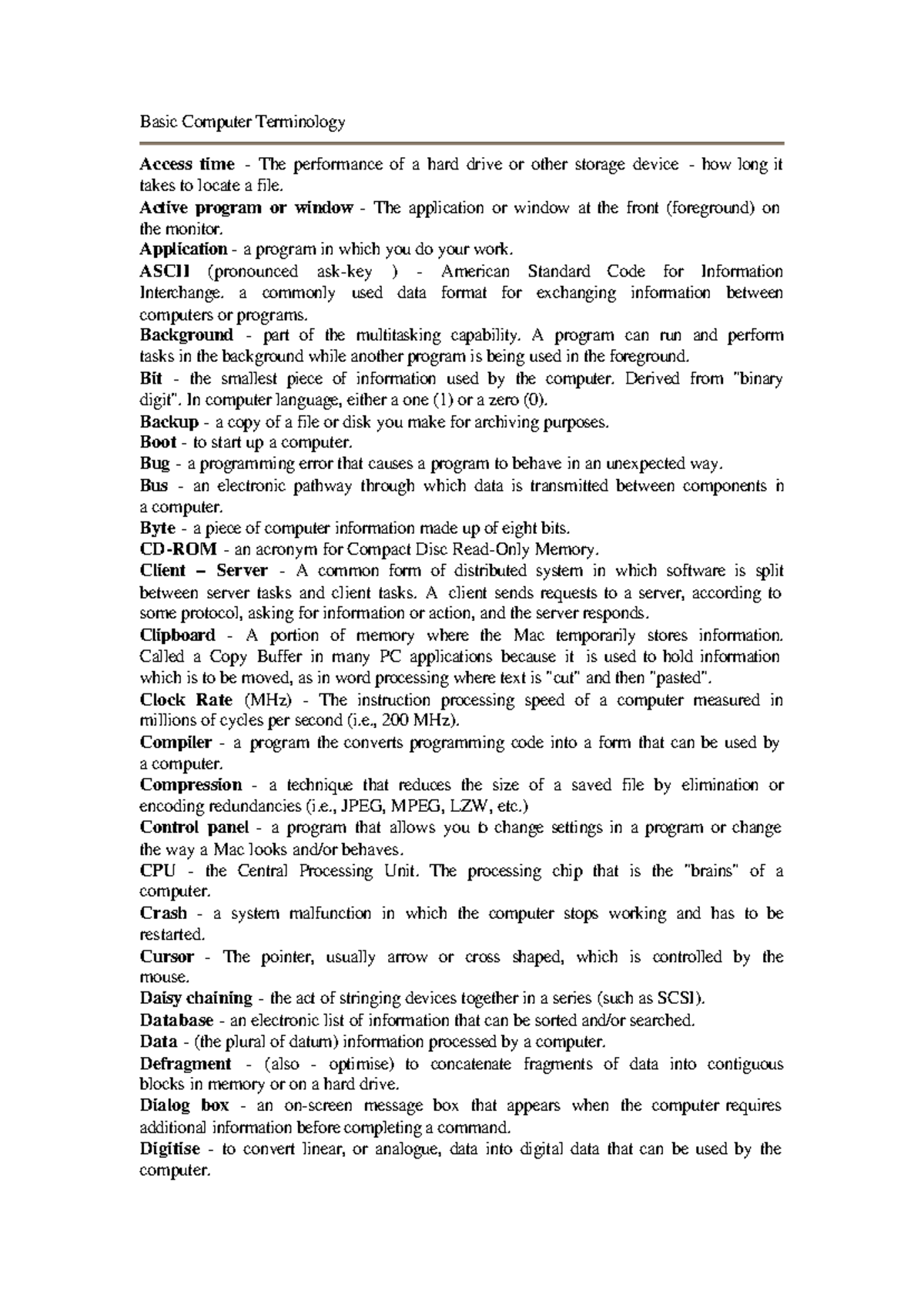 B Computer Terminology: Key Terms and Definitions for CS101 - Studocu