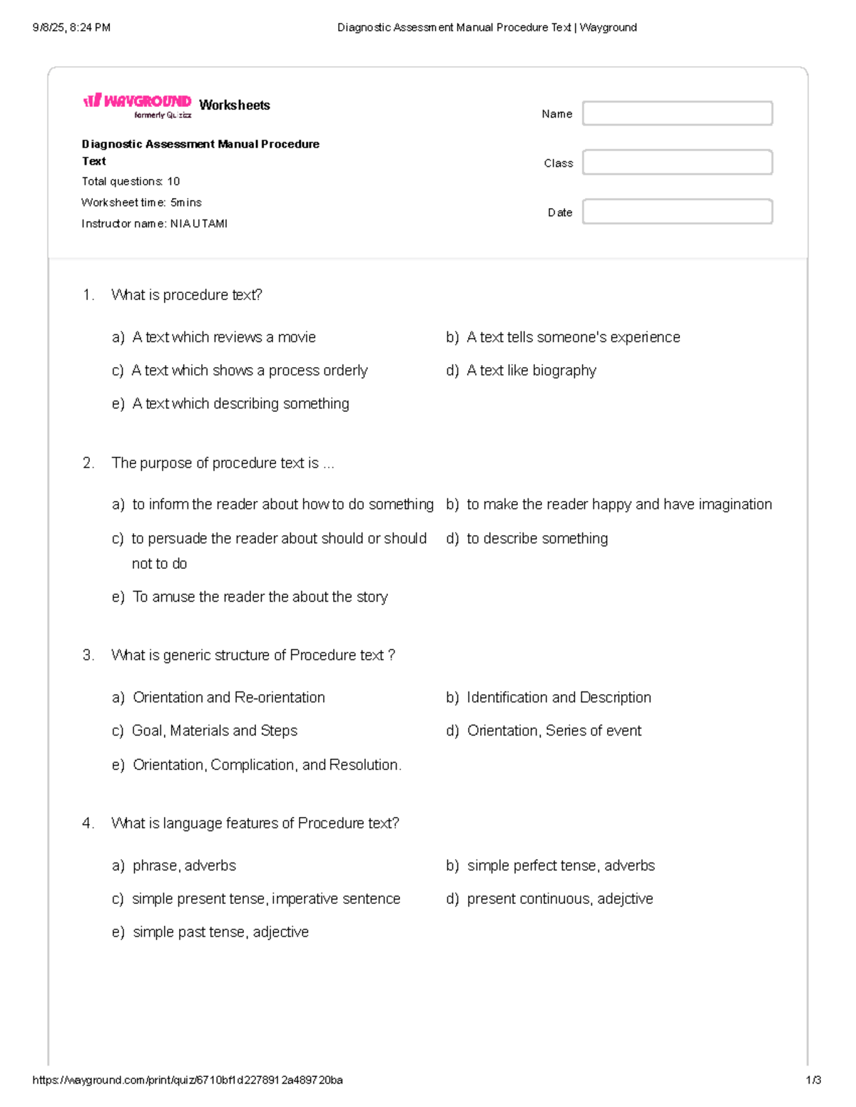 Procedure Text Worksheet