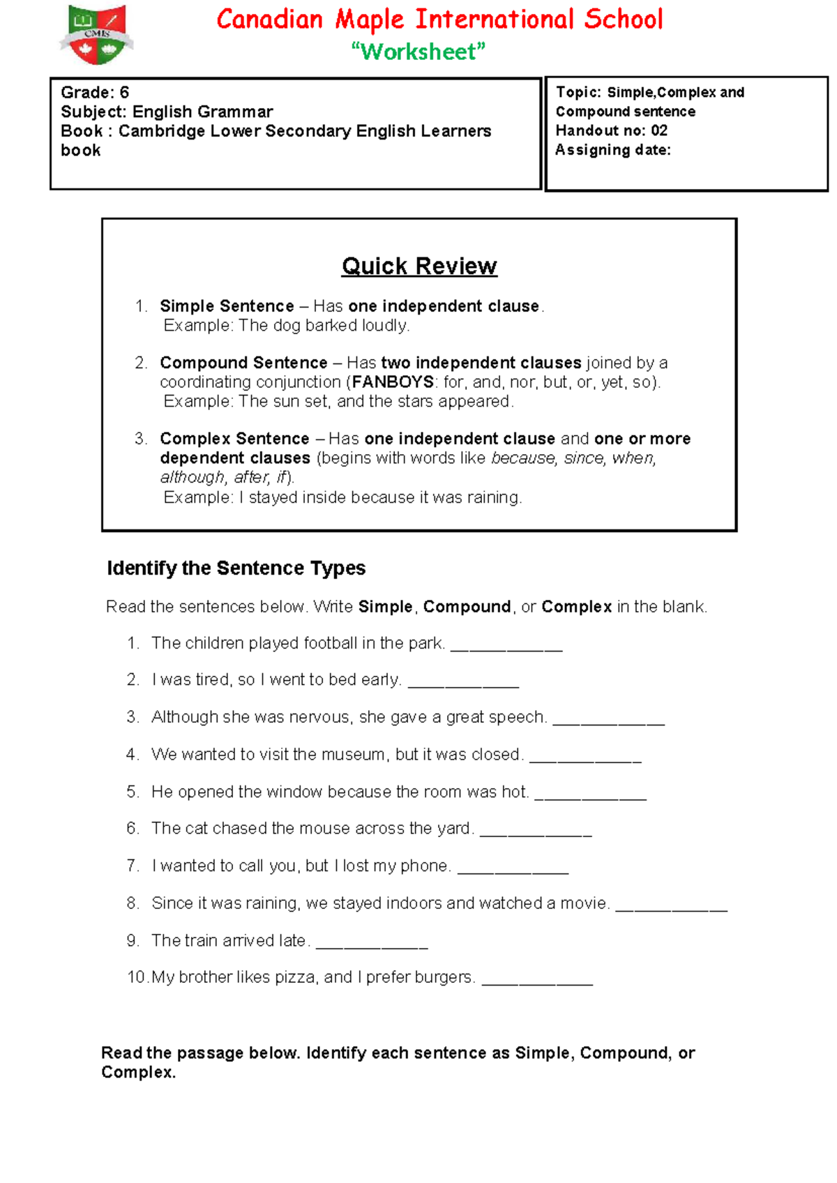 Grade 6 English Grammar: Simple, Complex & Compound Sentences Worksheet ...