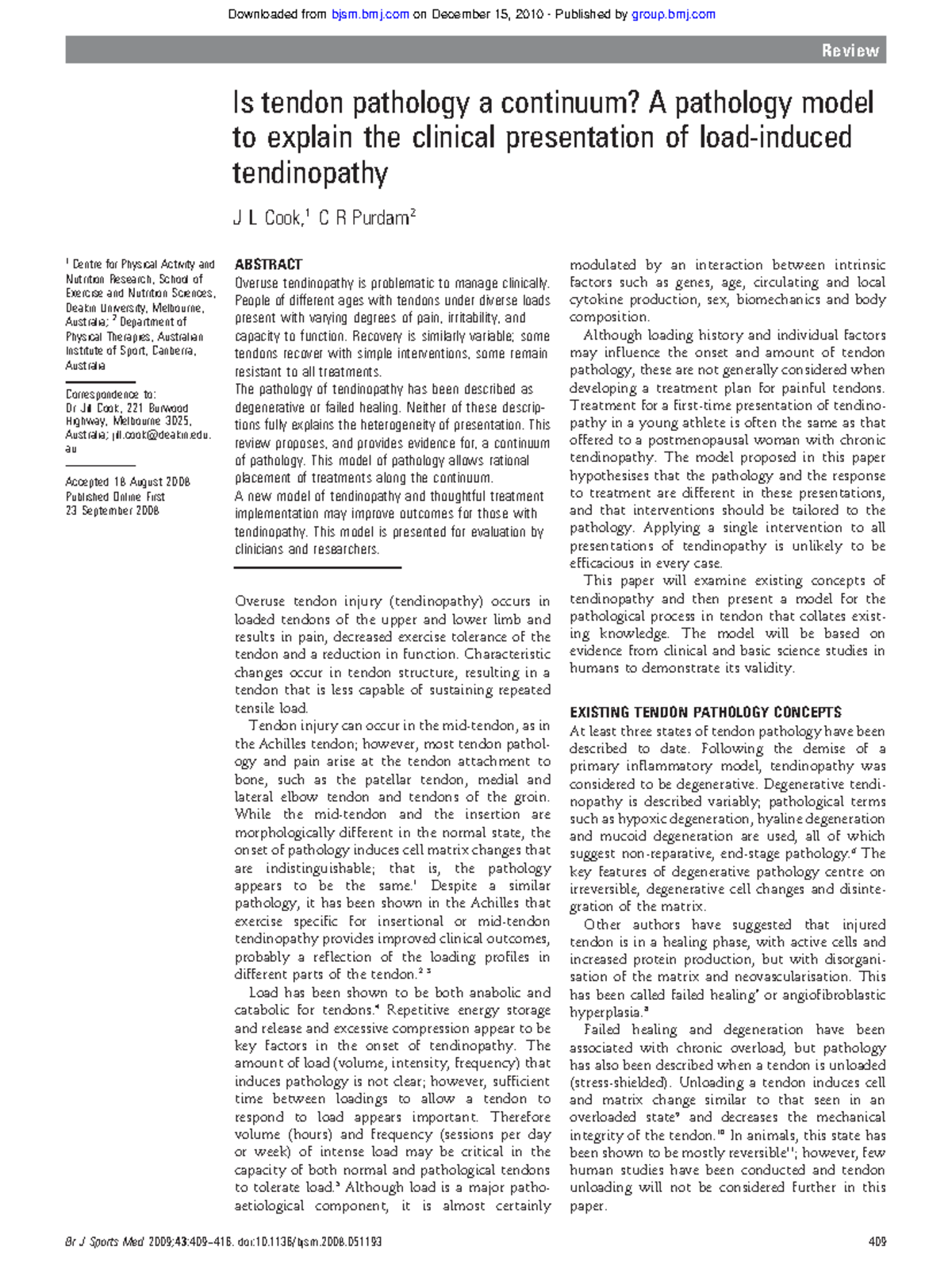 A Pathology Model for Tendon Pathology Continuum - Cook & Purdam 2008 ...