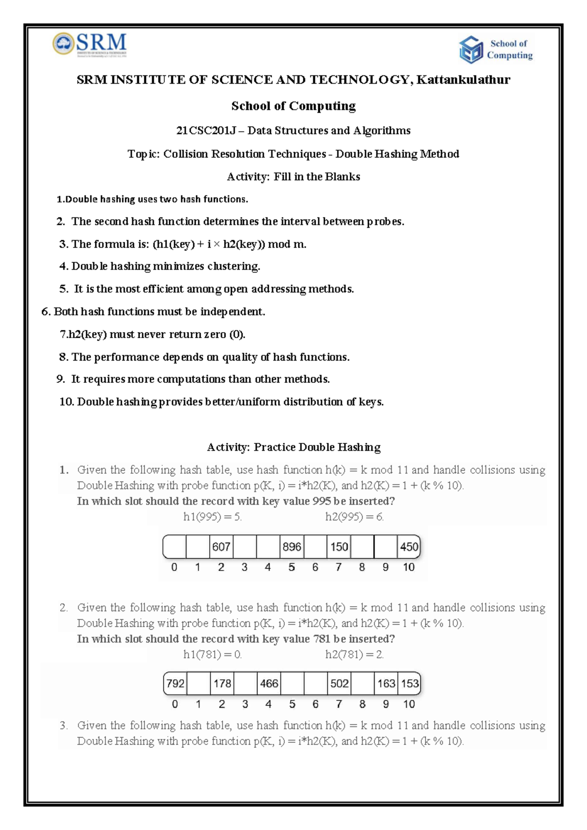 21CSC201J Data Structures & Algorithms: Double Hashing Techniques Tutorial - Studocu