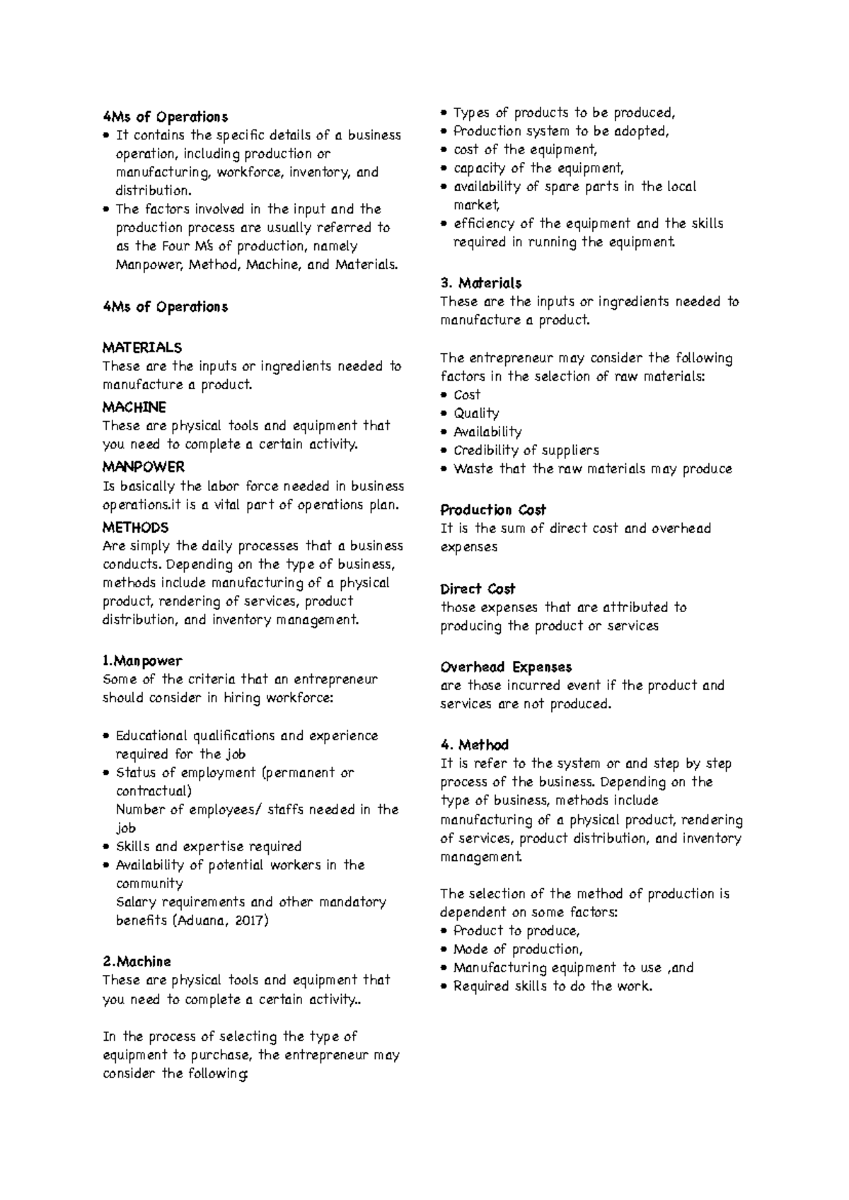 Entrep 101: 4Ms of Operations - Final Exam Reviewer - Studocu