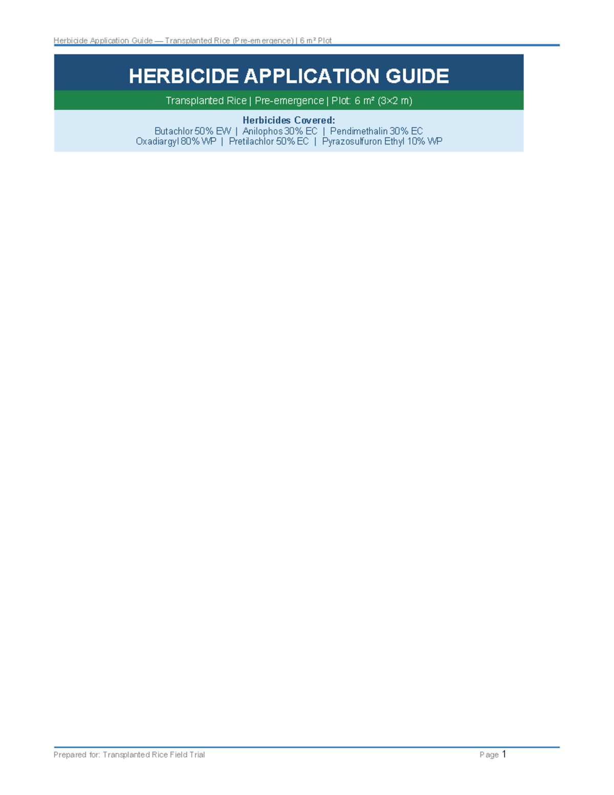 Herbicide Application Guide for Transplanted Rice (6 m² Plot) - Studocu