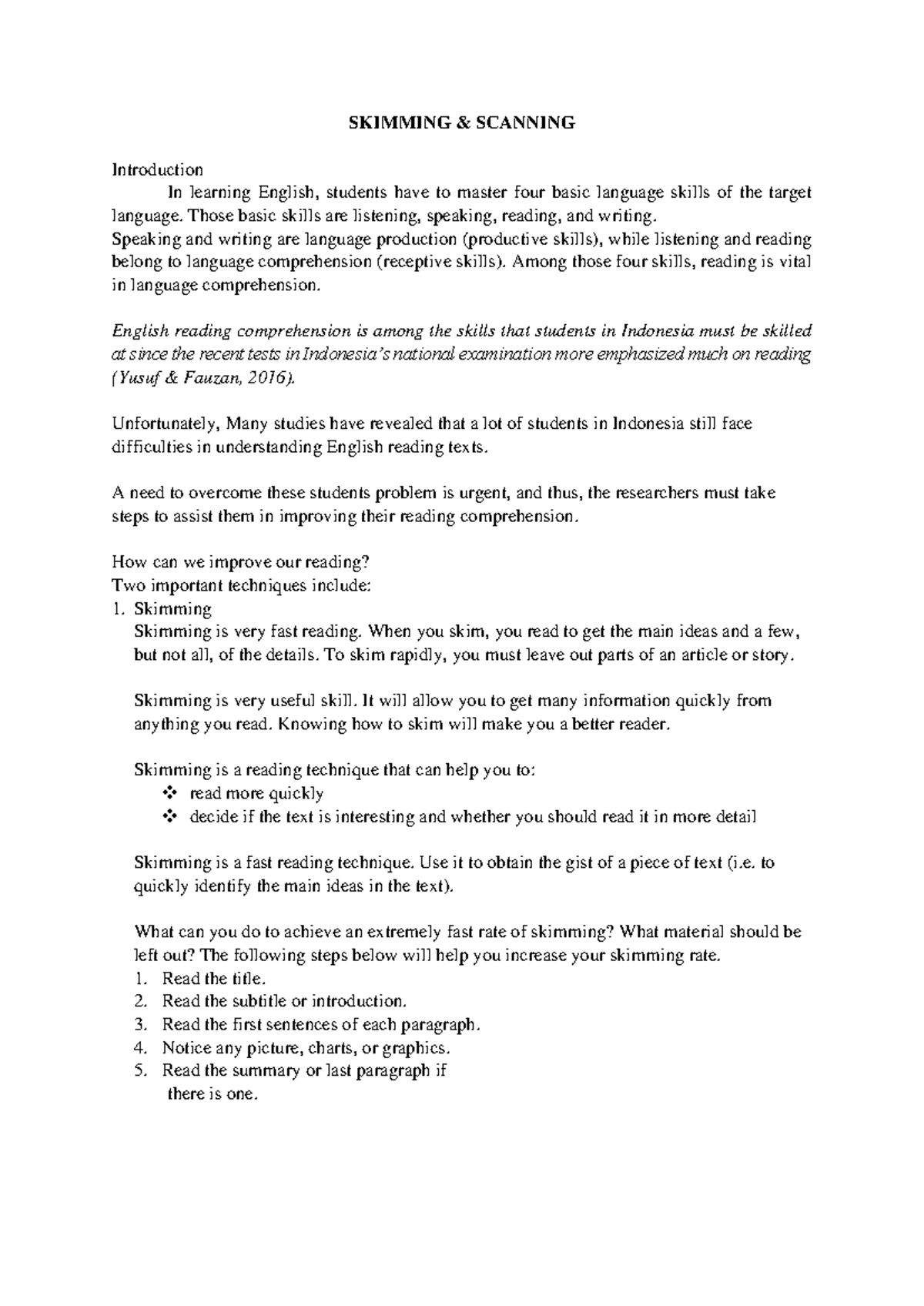 Skimming & Scanning Techniques in English - MAT 101 Lecture Notes - Studocu