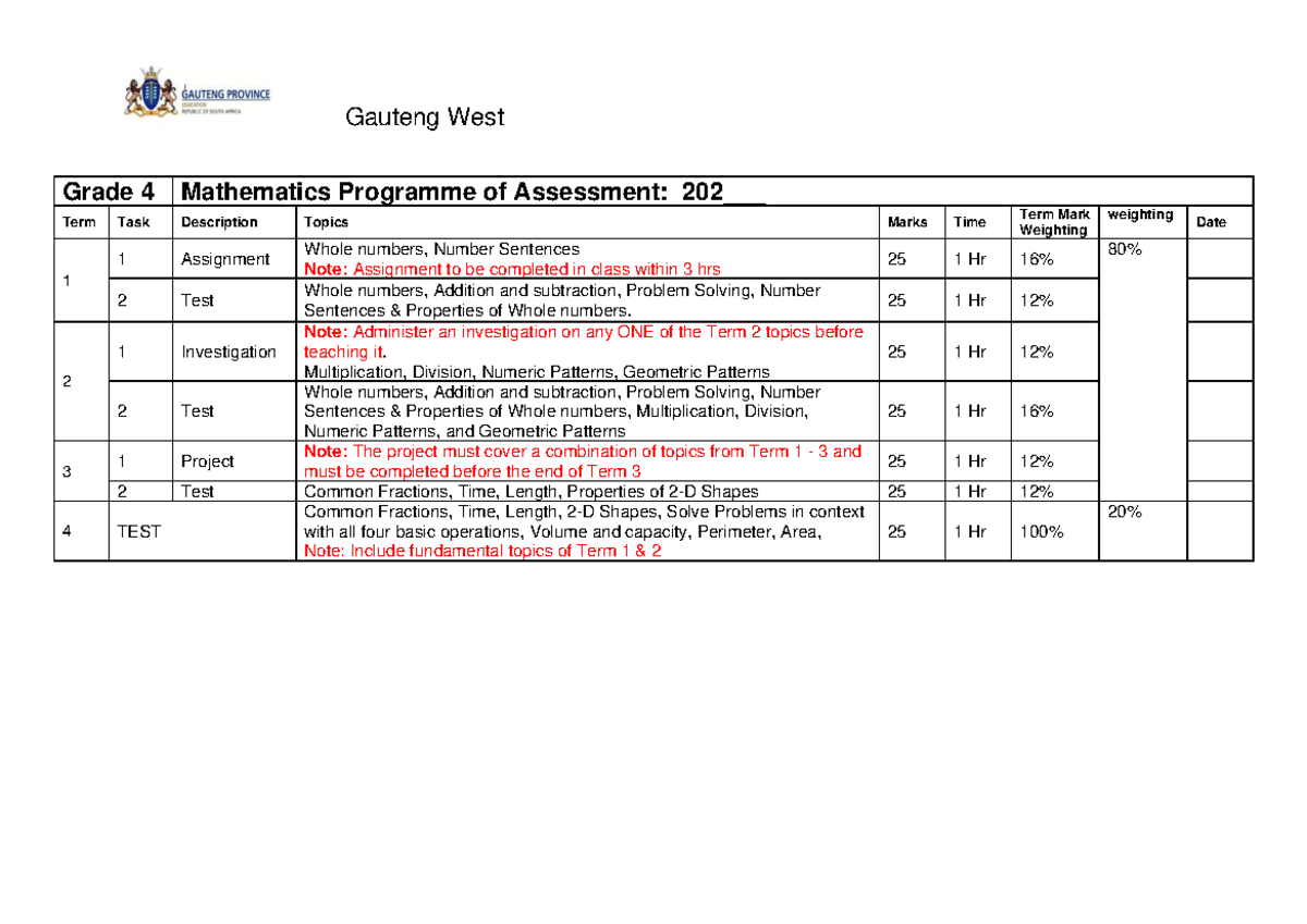 Grade 4 Mathematics Assessment Programme 2025 - Studocu
