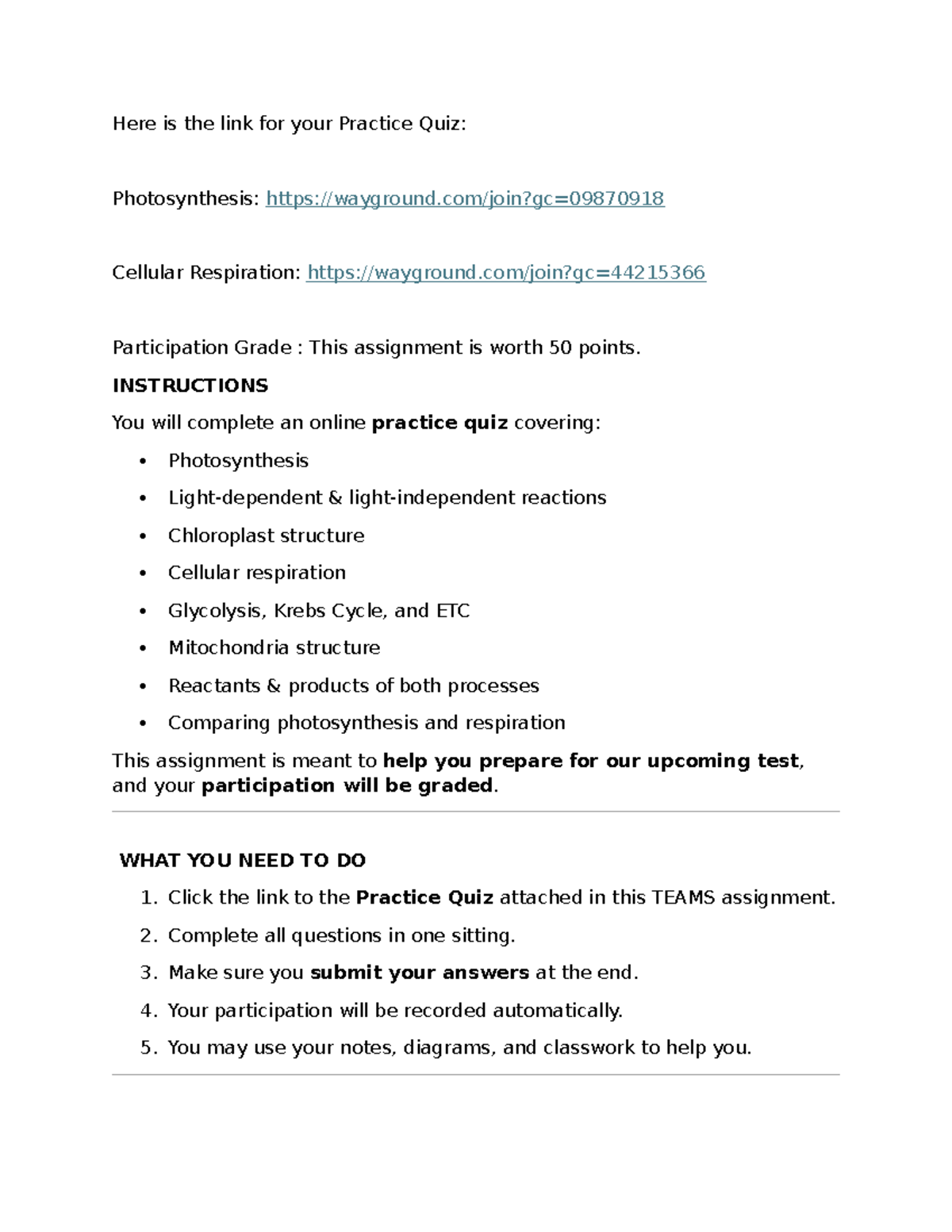 Practice Quiz: Photosynthesis & Cellular Respiration (50 pts) - Studocu