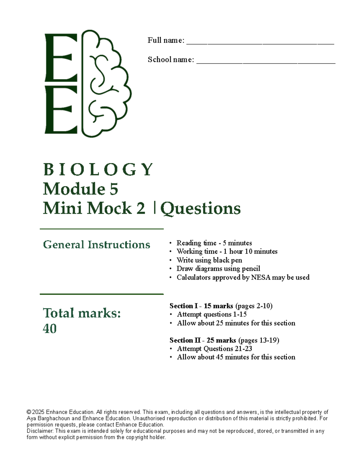 Mini Mock Exam - BIOLOGY Module 5 - General Instructions & Questions ...