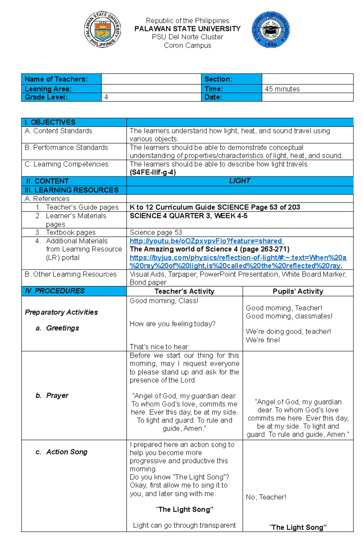 Science 4 Detailed Lesson Plan: Light, Heat, and Sound Concepts - Studocu