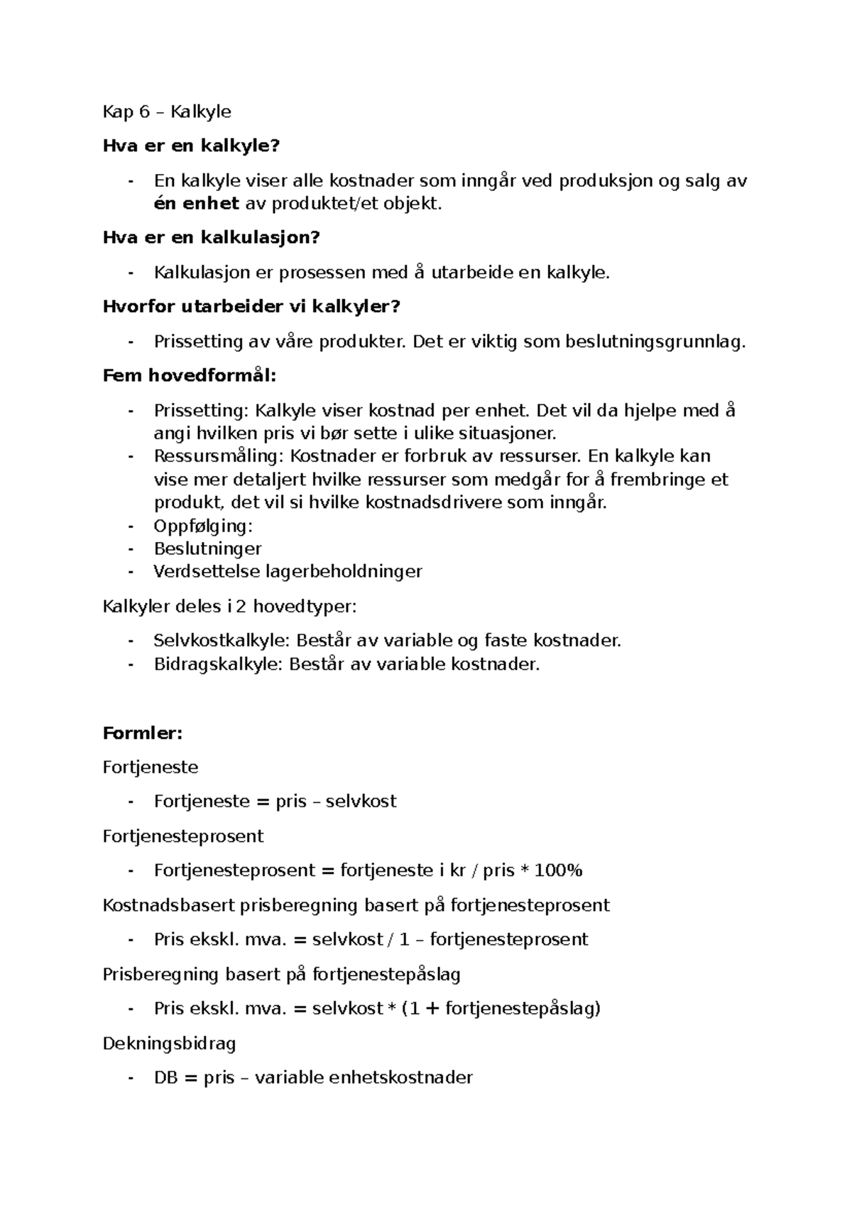 Kap 6 - Kalkyler og kalkulasjon: Forståelse og Anvendelse - Studocu