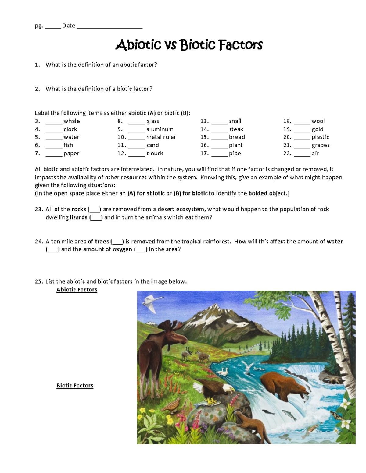 Abiotic vs Biotic Factors - pg. _____ Date ____________________ Abiotic ...
