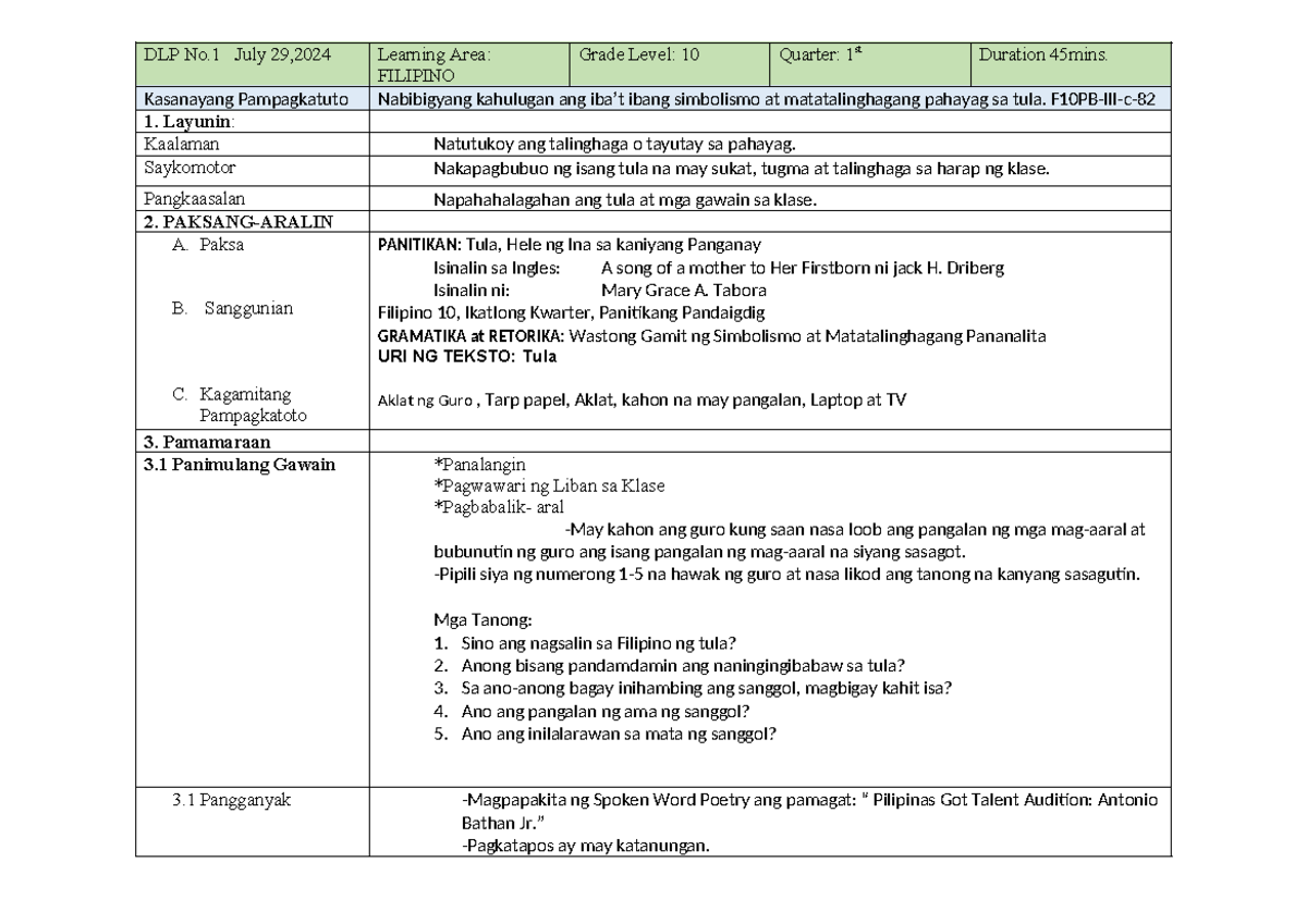 DLP Filipino 10 Lesson Plan: Tula & Simbolismo (SY 2024-2025) - Studocu