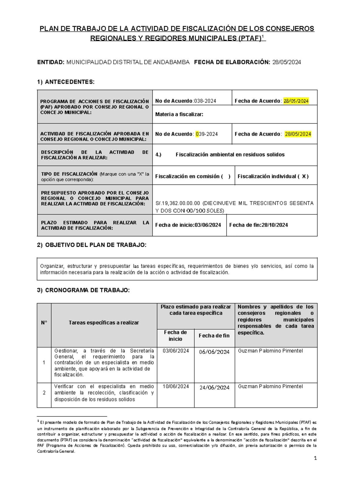 Ptaf 004 - Plan de Trabajo para Fiscalización Ambiental en Andabamba ...