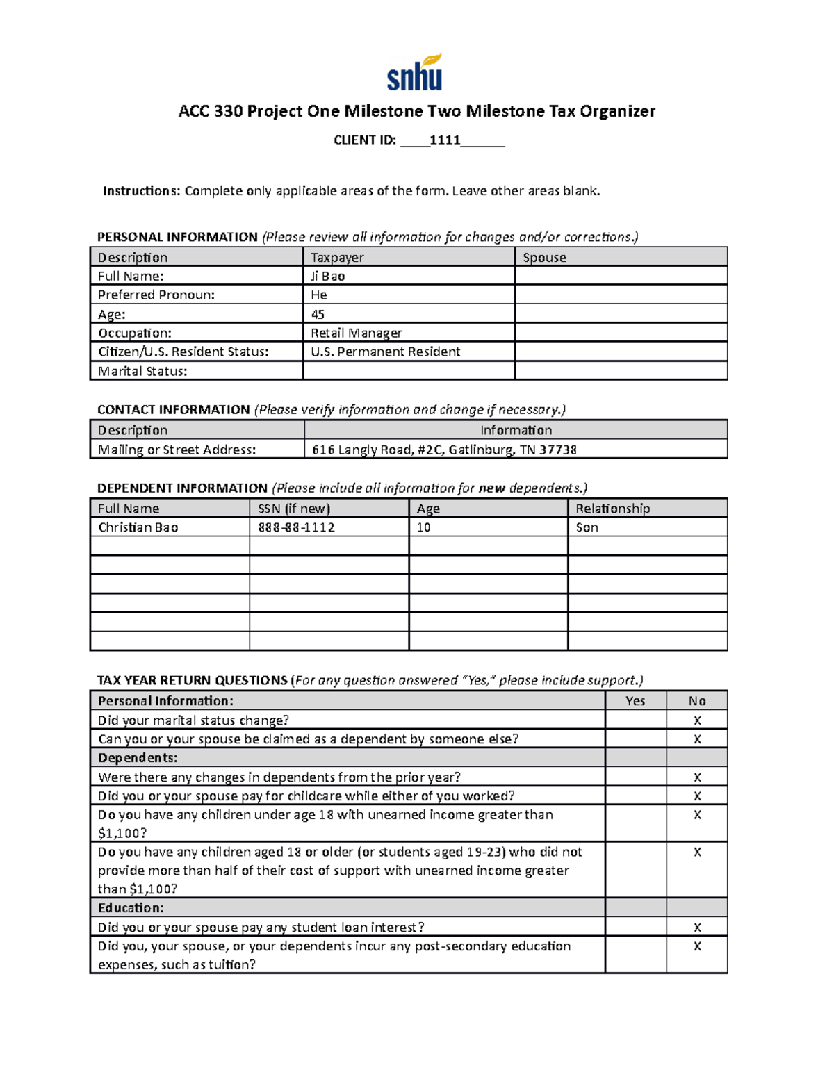 ACC 330 Project One Milestone Two Comprehensive Tax Organizer - Studocu