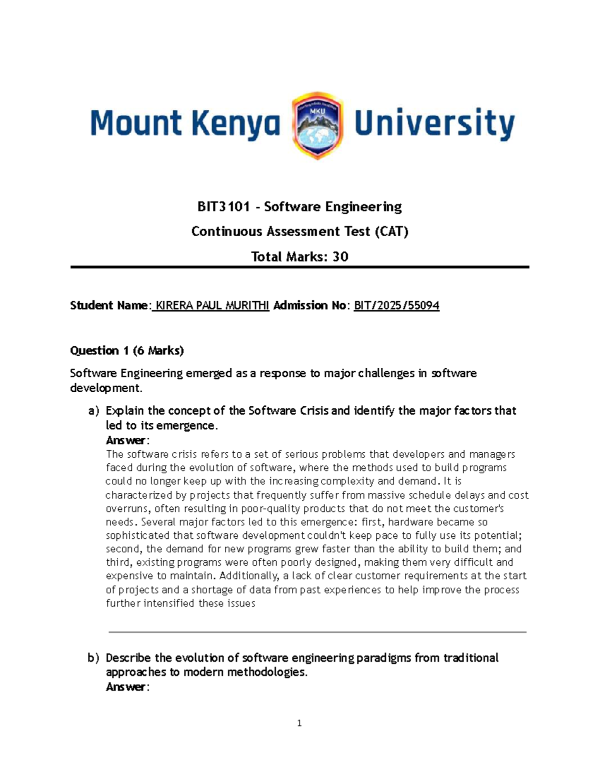 BIT3101 Software Engineering CAT: Understanding Software Crisis & SQA ...