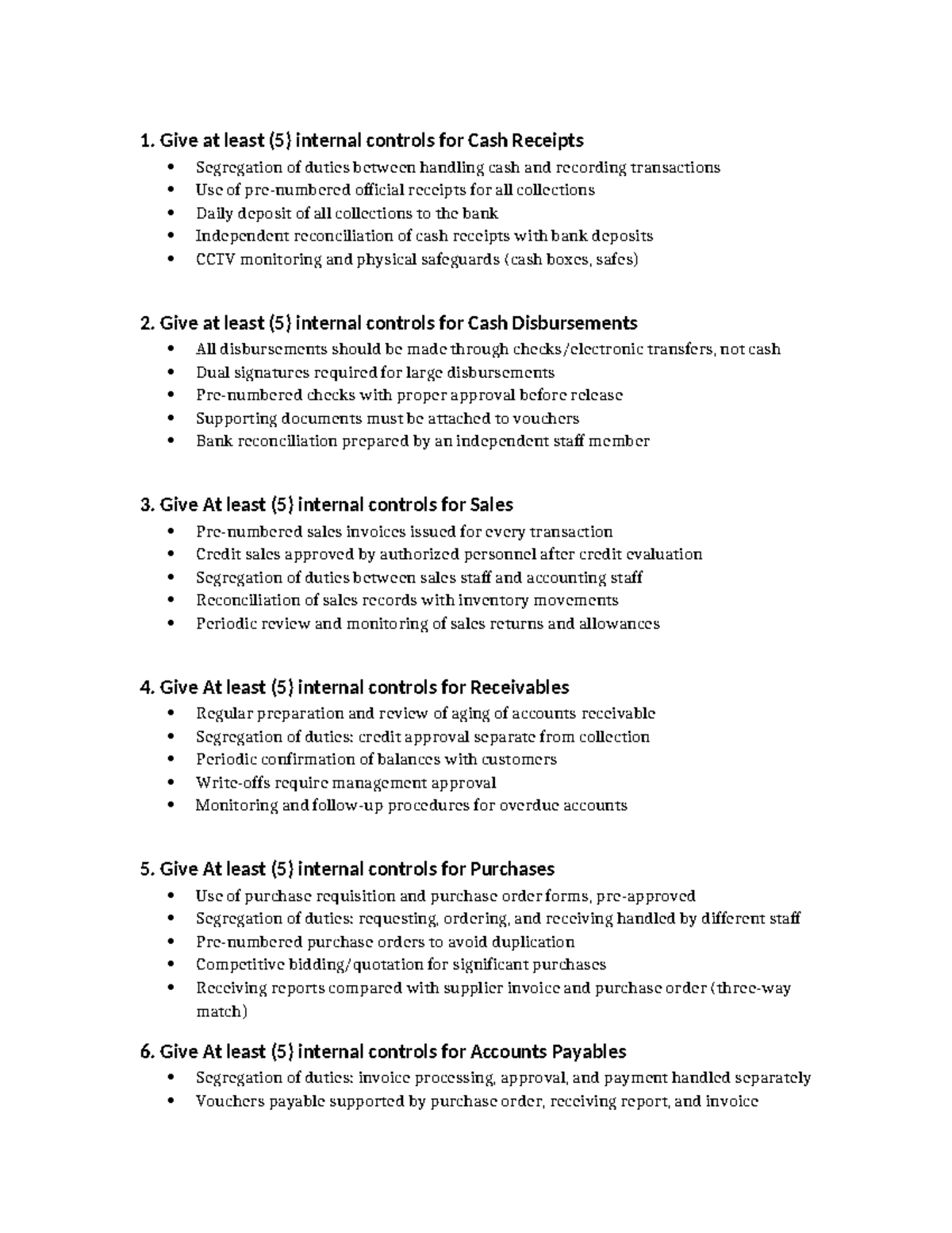 Examples of Internal Control for Cash & Receivables Management - Studocu