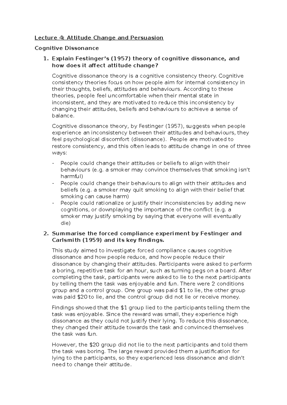 Lecture 4: Cognitive Dissonance and Attitude Change Overview - Studocu