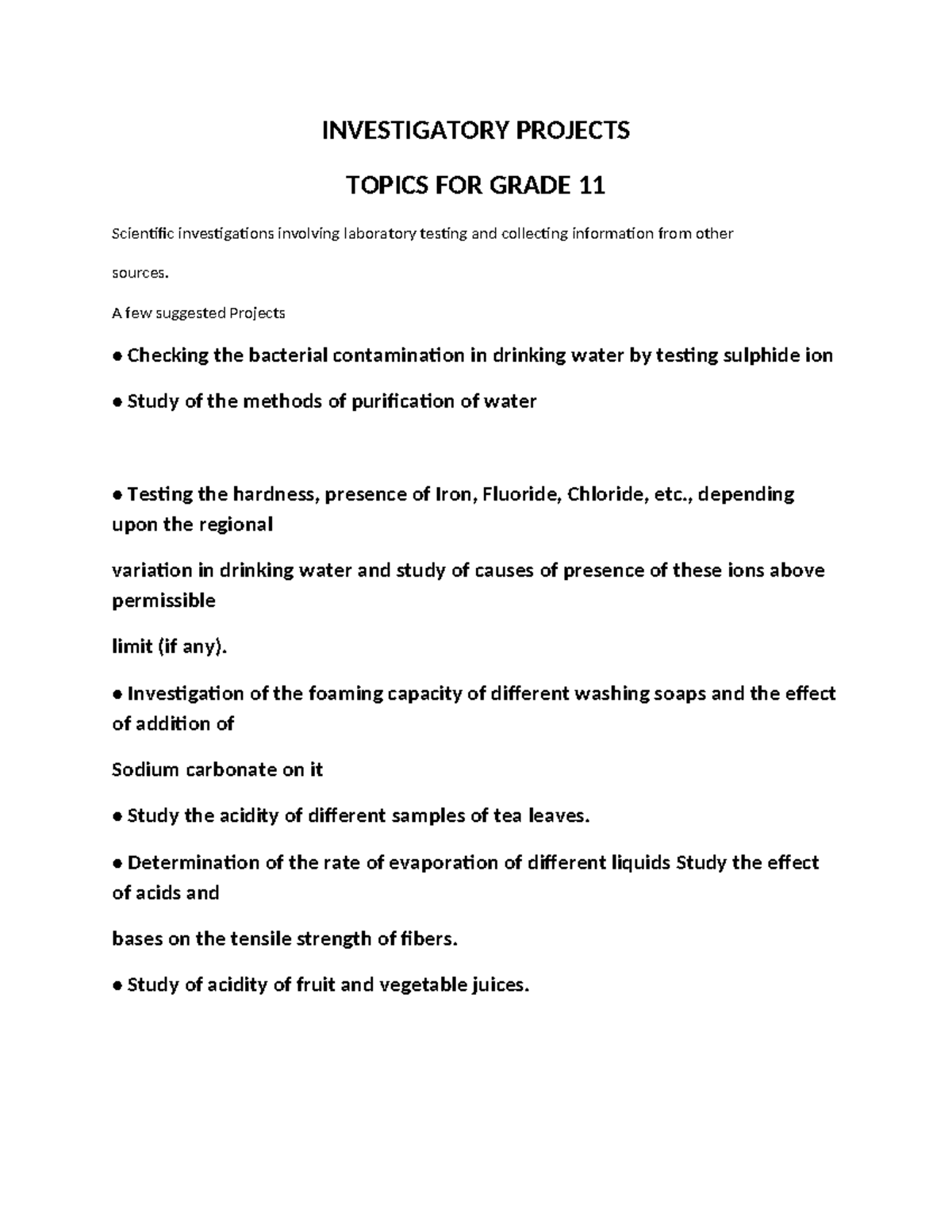 Investigatory Projects for Grade 11 Science Research - Studocu
