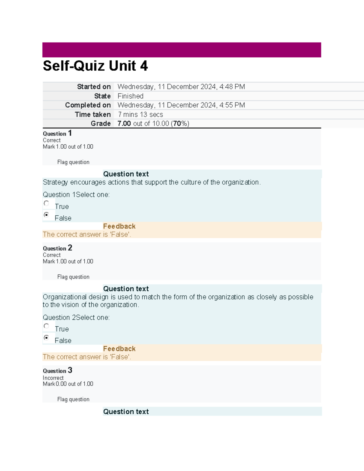 Quiz-Week 4 Buss Mgt - Graded quiz - Self-Quiz Unit 4 Started on ...