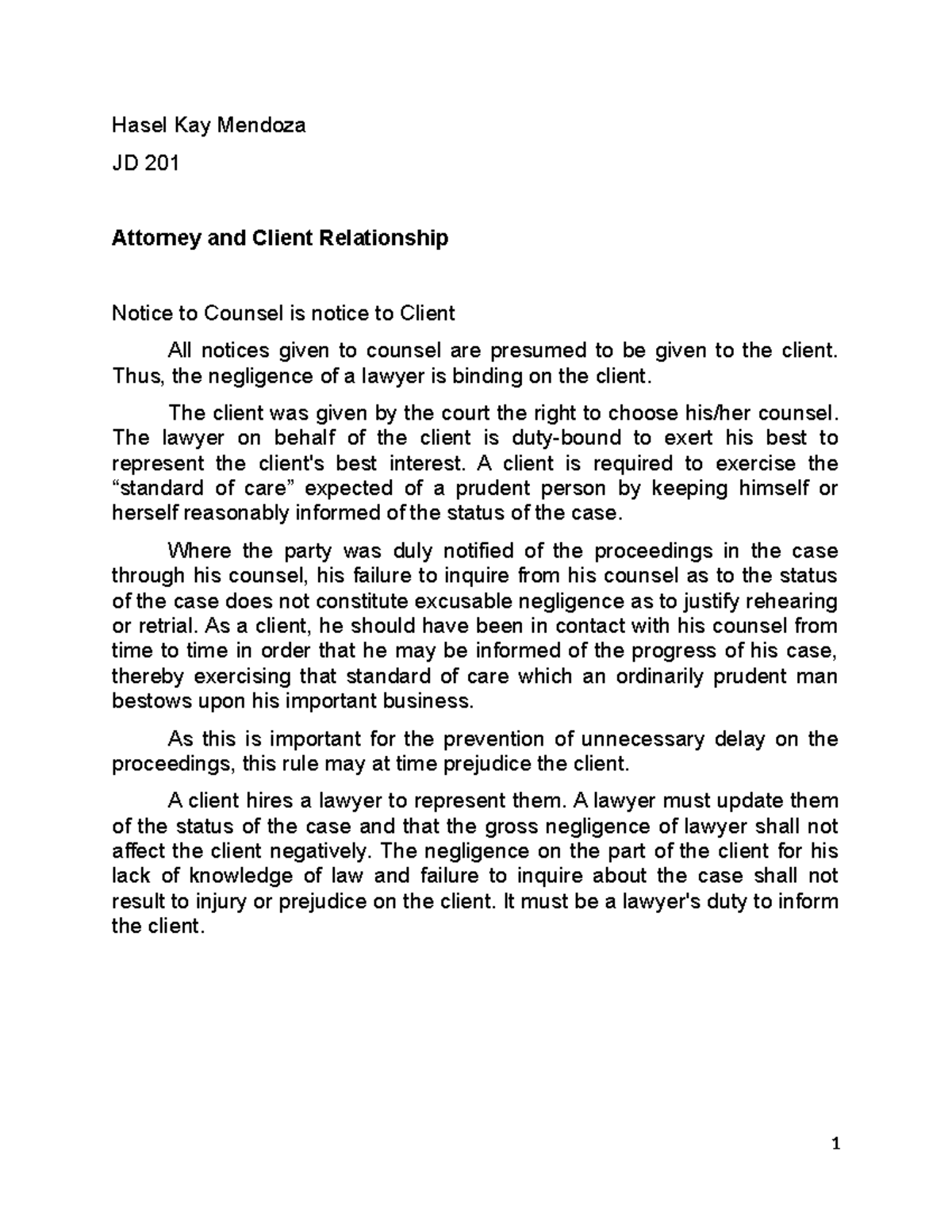 JD 201: Attorney and Client Relationship Overview - Studocu