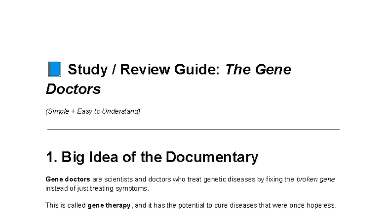 Study/Review Guide: Gene Therapy & Genetic Diseases Overview - Studocu