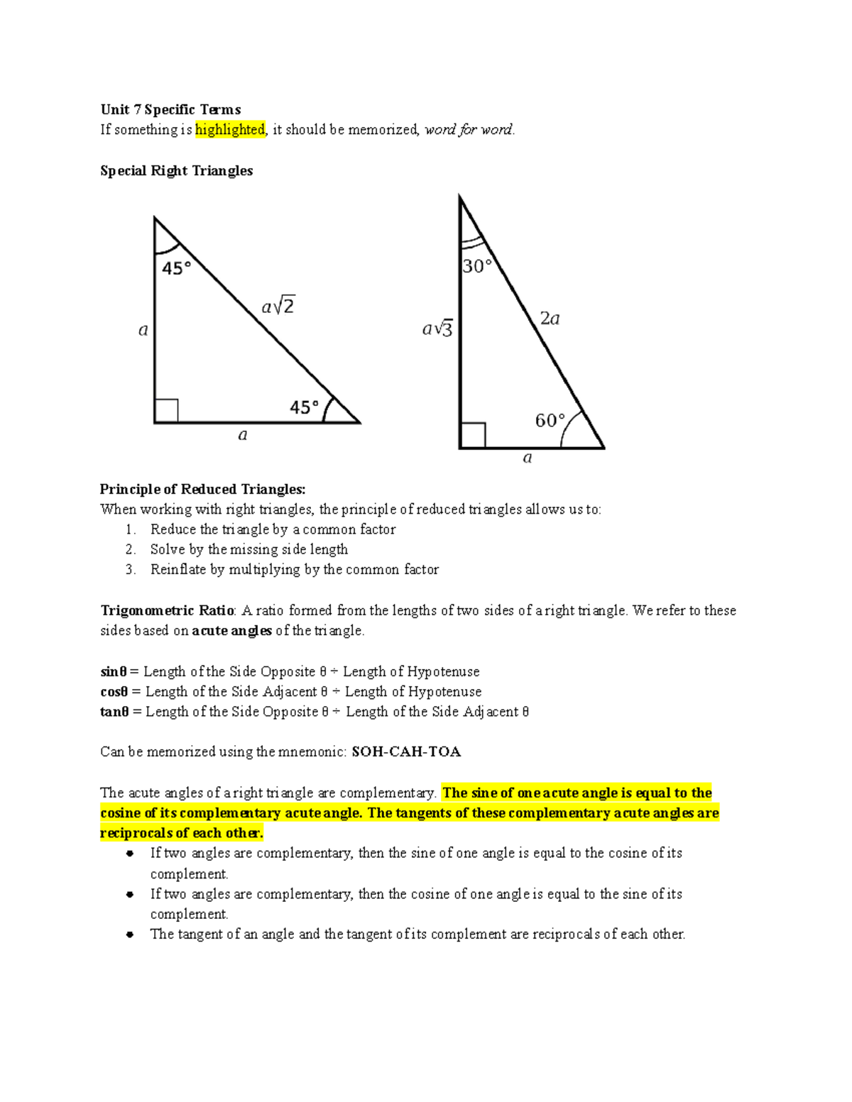 Unit 7 Geometry Terms: Special Right Triangles & Trigonometric Ratios ...