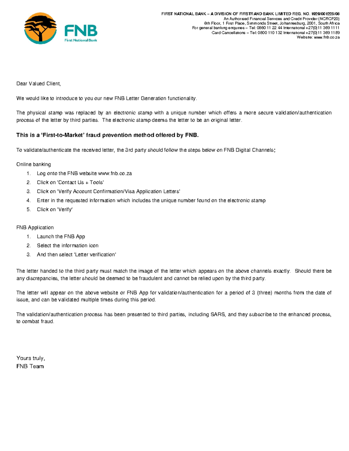 FNB Account Confirmation Letter - Important Client Information - Studocu