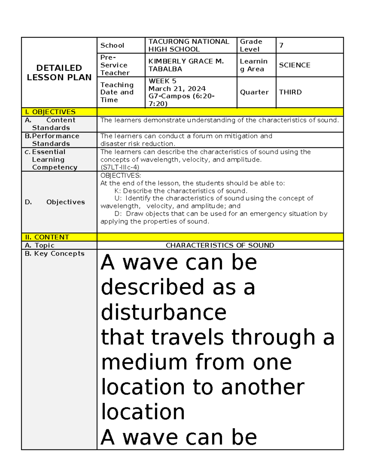 G7 Science Lesson Plan: Characteristics of Sound (Wk 5, Mar 21, 2024 ...