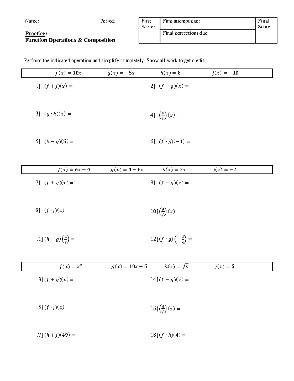Practice: Function Operations Composition A (Course Code) - Studocu