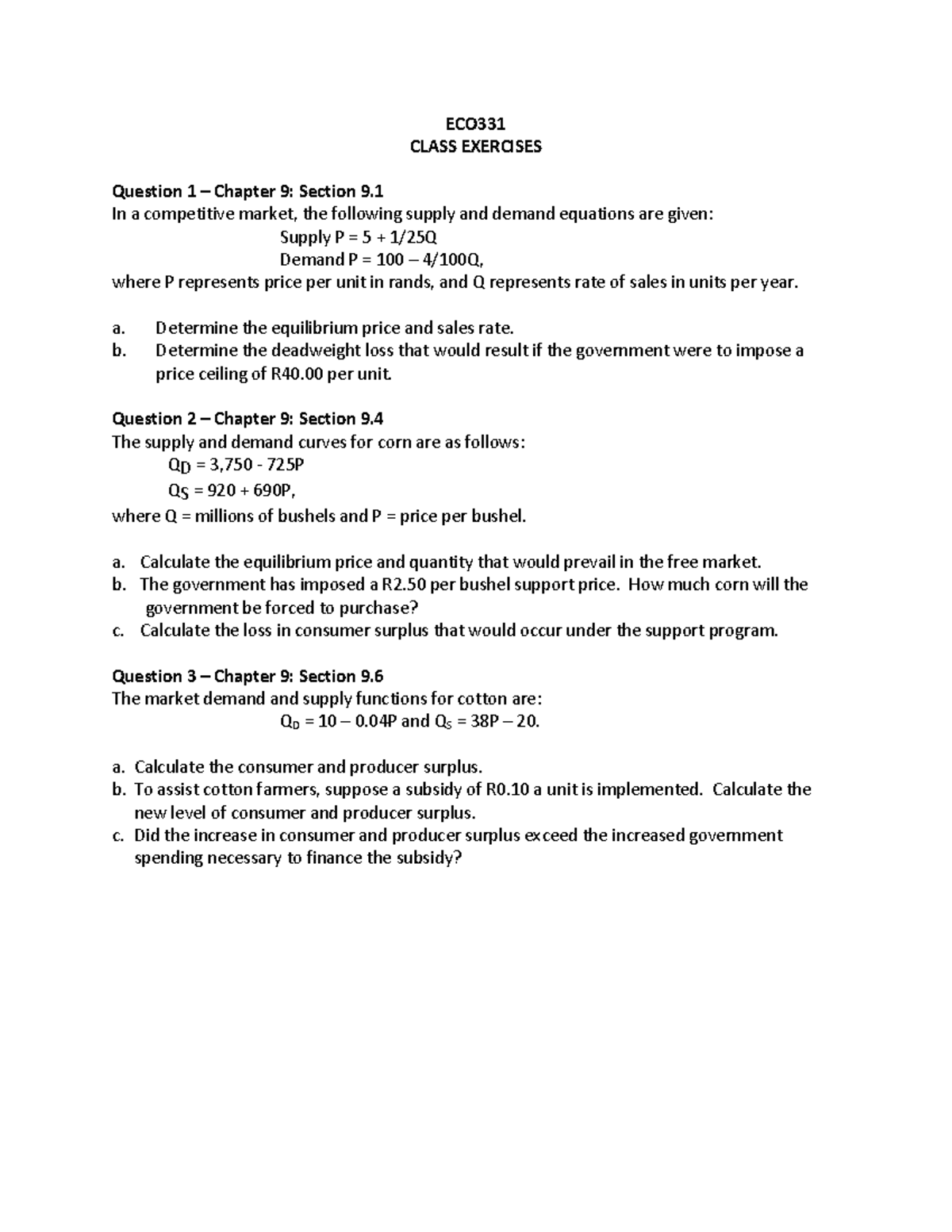 ECO 2024 - Class Exercises on Chapter 9: Market Equilibrium Analysis - Studocu