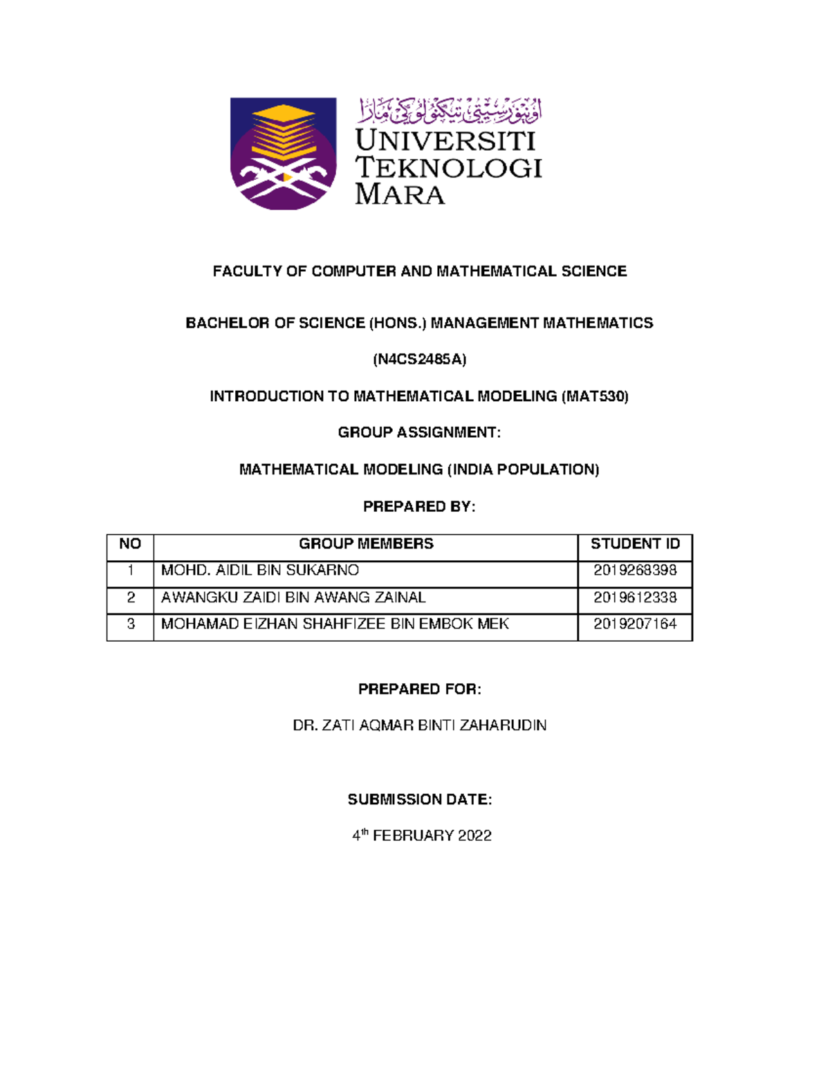 MAT530 Project Report - FACULTY OF COMPUTER AND MATHEMATICAL SCIENCE ...