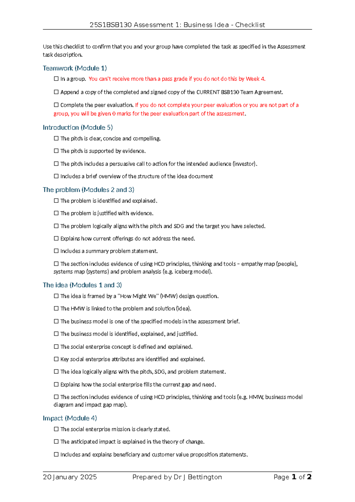 25S1 BSB130 Assessment 1 Checklist 250119-1 - 25S1BSB130 Assessment 1 ...