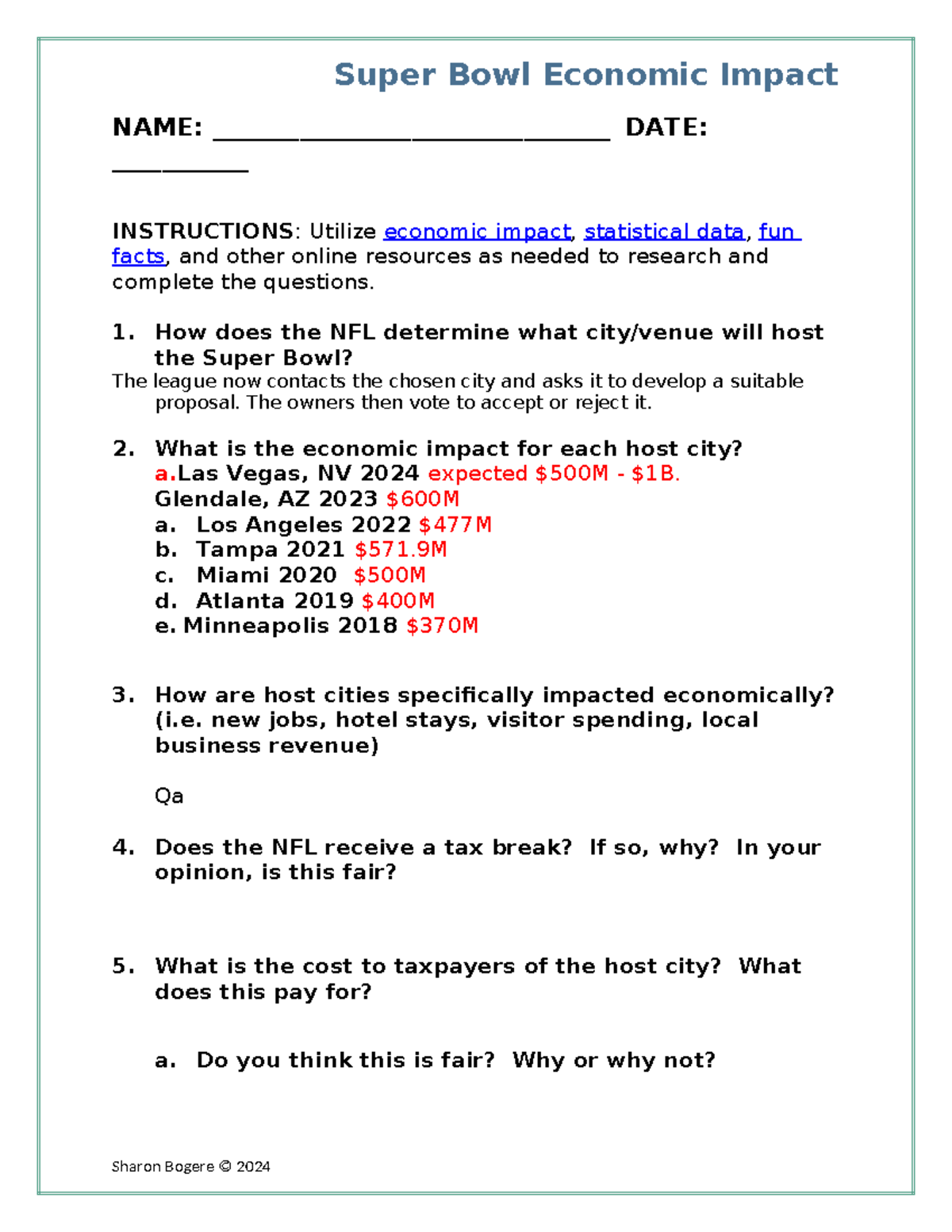 Super Bowl Economic Impact Worksheet - Analysis & Data Insights - Studocu