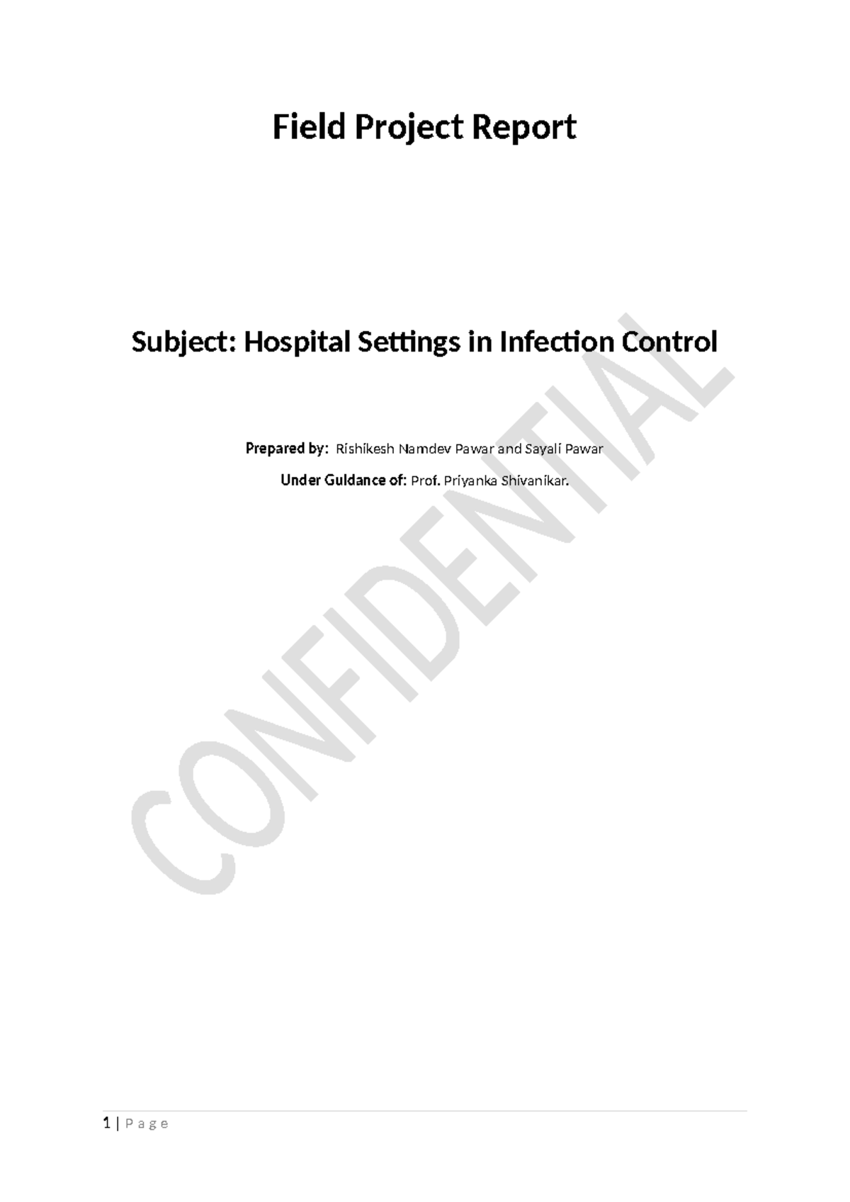 Field Project Report: Infection Control in Hospital Settings (HIC 101 ...