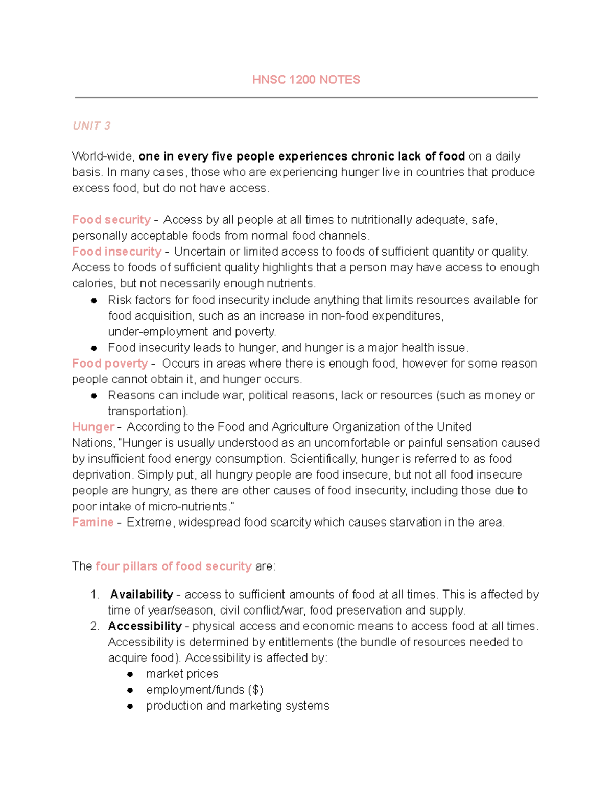 HNSC 1200 Final Exam Notes: Understanding Food Security and Insecurity ...