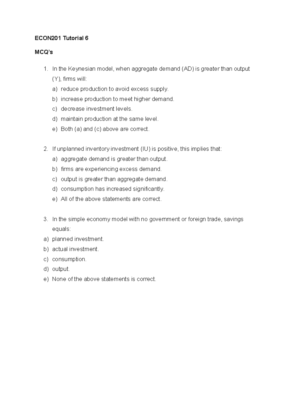 Econ 201 Tutorial 6: Key Concepts and MCQs on Keynesian Economics - Studocu