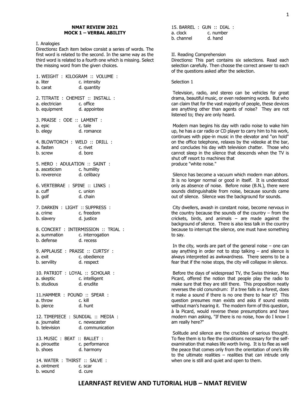 Learnfast 2021 MOCK1 - Nmat reviewer consists of the 8 subjects ...