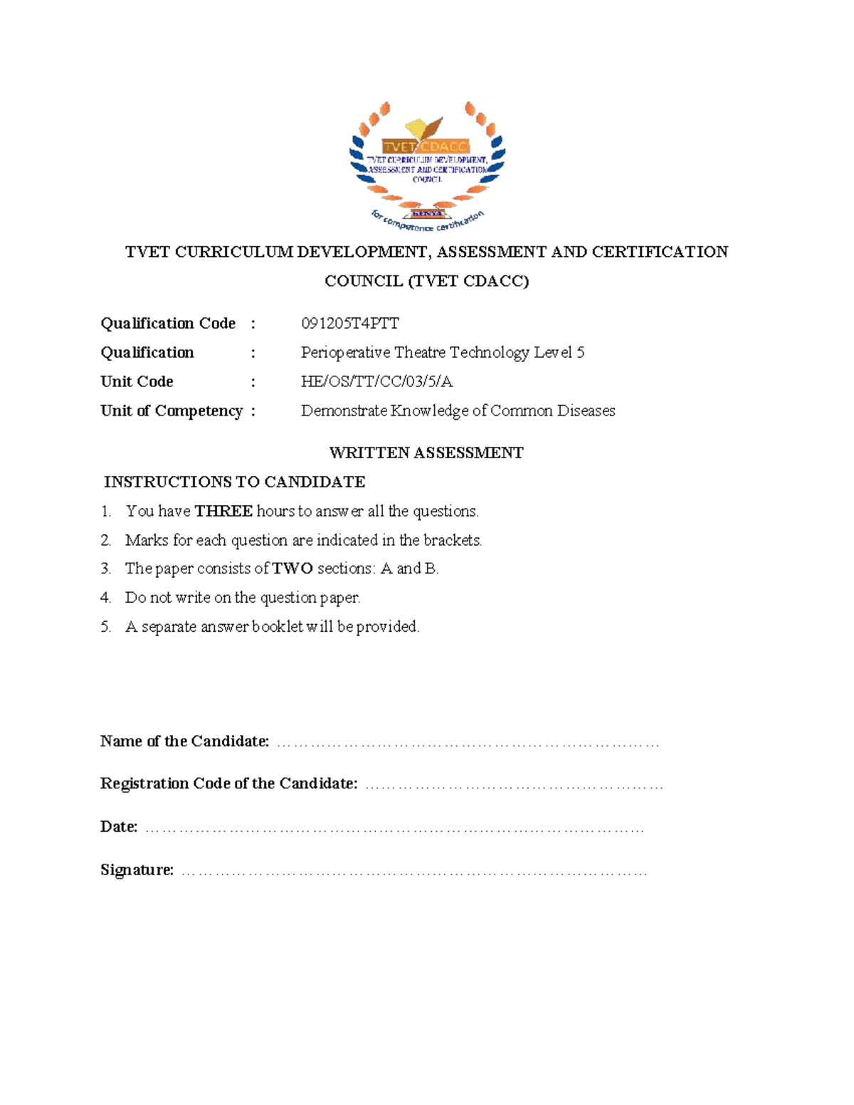 Common Diseases Level 5 Assessment - TVET Code: 091205T4PTT - Studocu