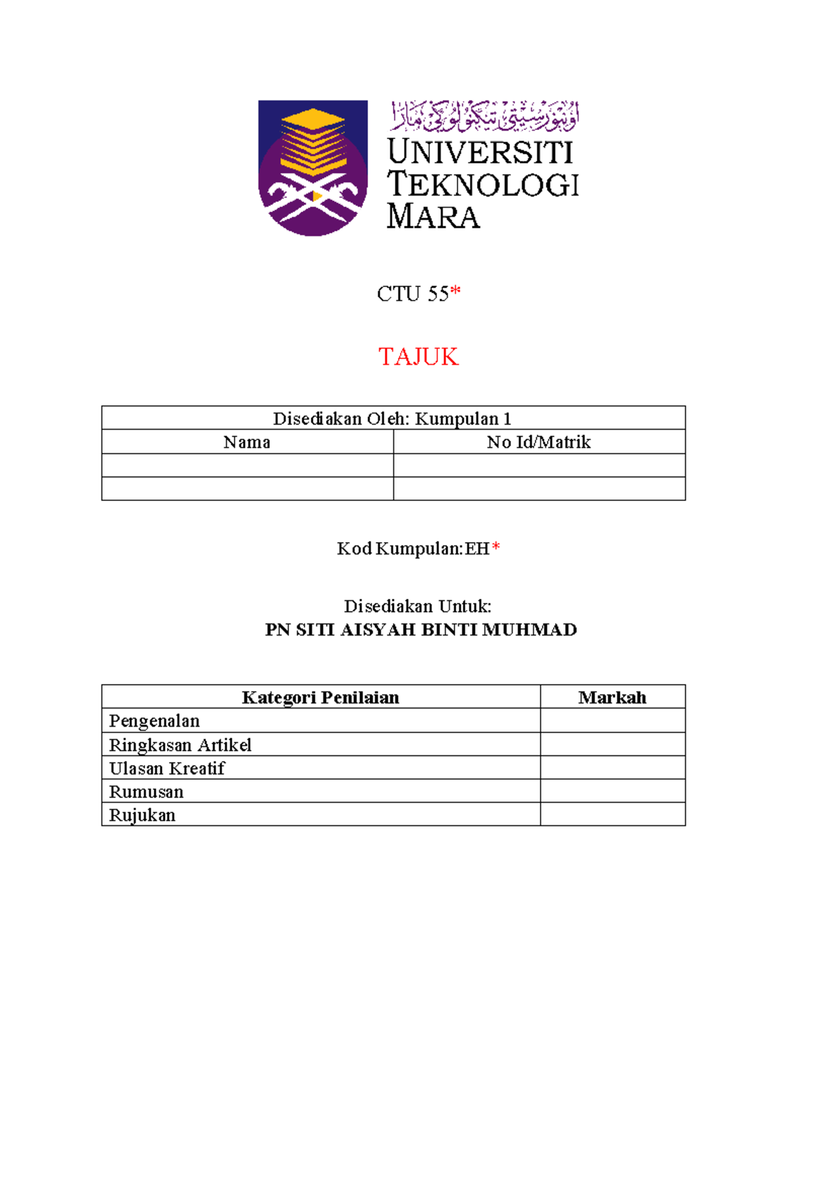 CTU TAJUK: Template Format Ulasan Artikel Tugas 3 Kumpulan 1 - Studocu