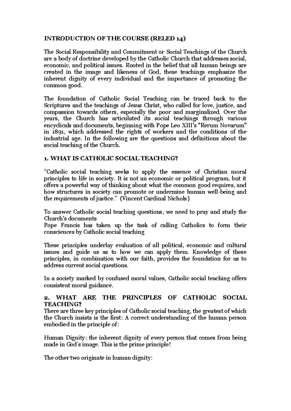 RELED 14: Introduction to Catholic Social Teaching Principles - Studocu