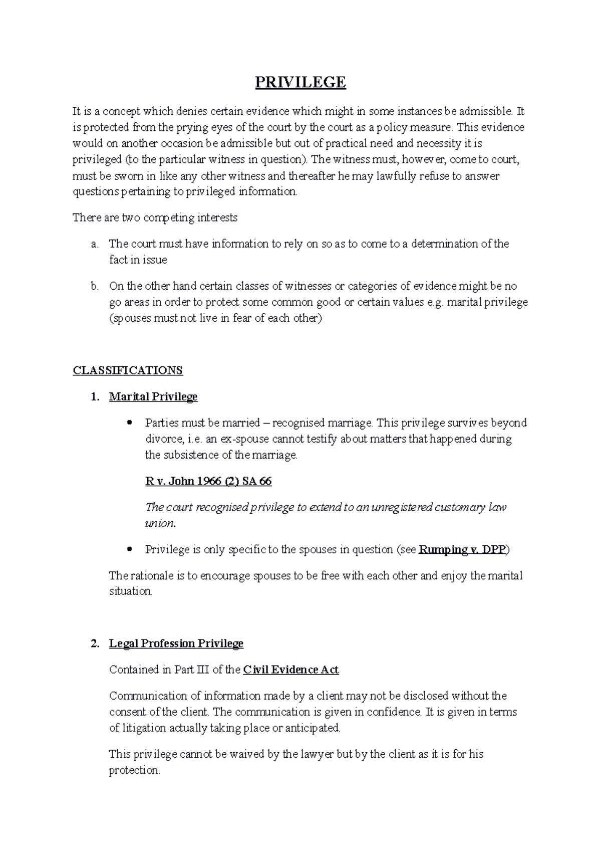 8. Privilege in Law of Evidence: Key Concepts and Classifications - Studocu