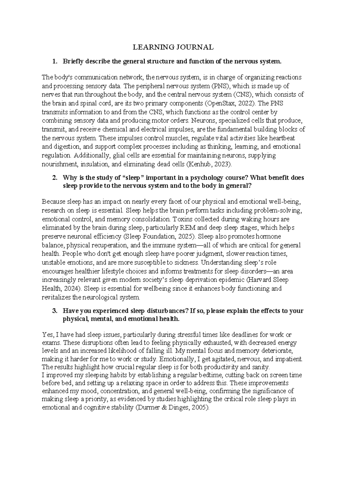 Learning Journal: Structure of the Nervous System & Sleep Impact (Unit ...