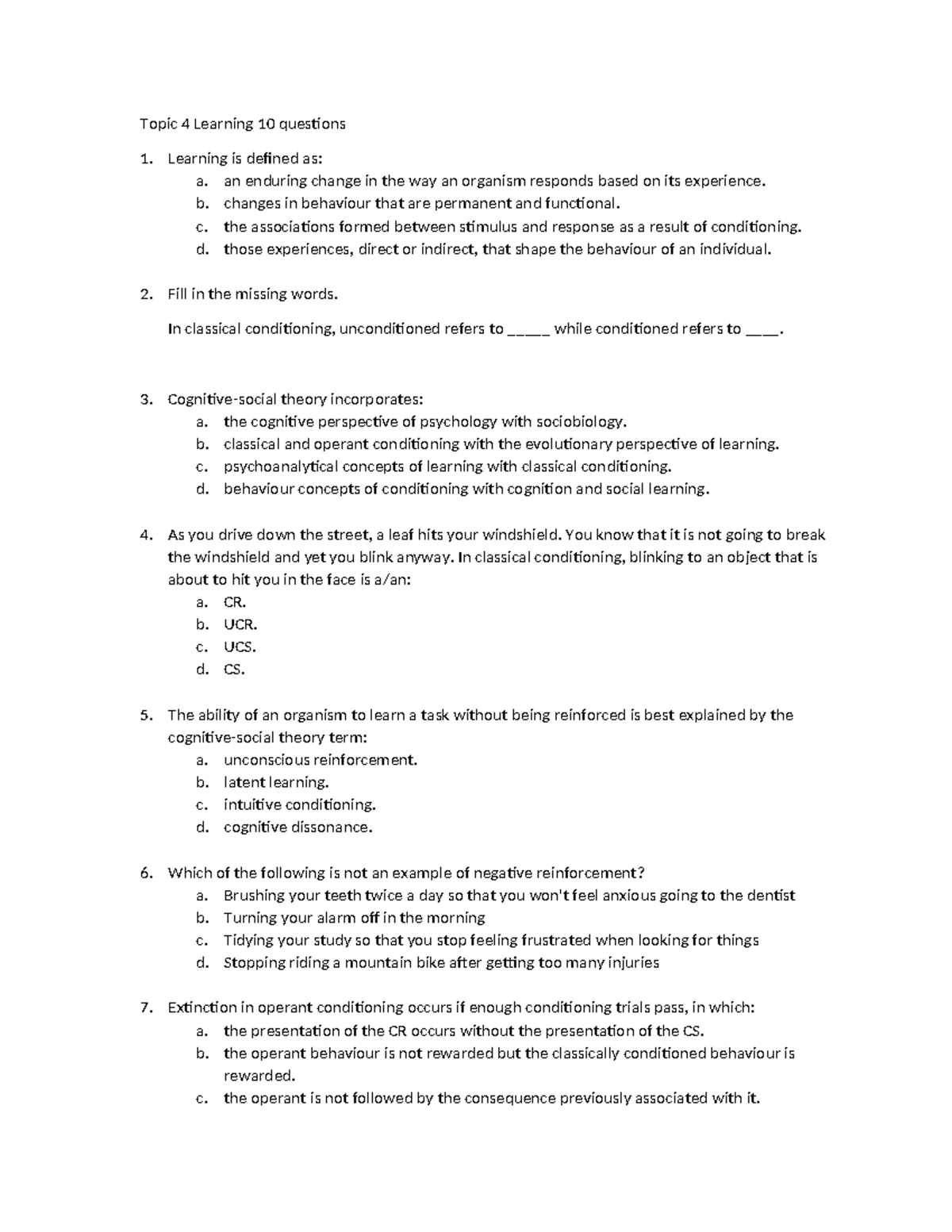 Understanding Learning: Concepts and Conditioning - Topic 4 Quiz ...