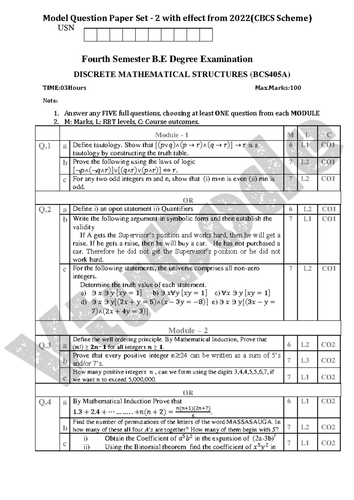 Solved Model Question Paper Set 2 (BCS405A) - Discrete Math Structures ...